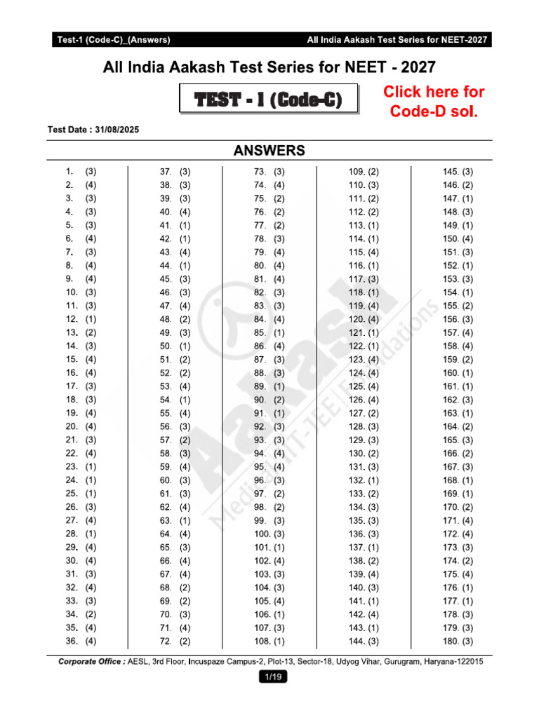 AIATS-01 - Code-C&D (TYM - P1&2) - 31-08-2025 - Sol | PDF