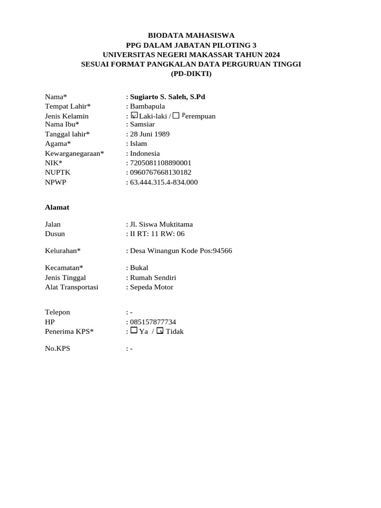 Biodata Mahasiswa PPG UNM 2024 | PDF