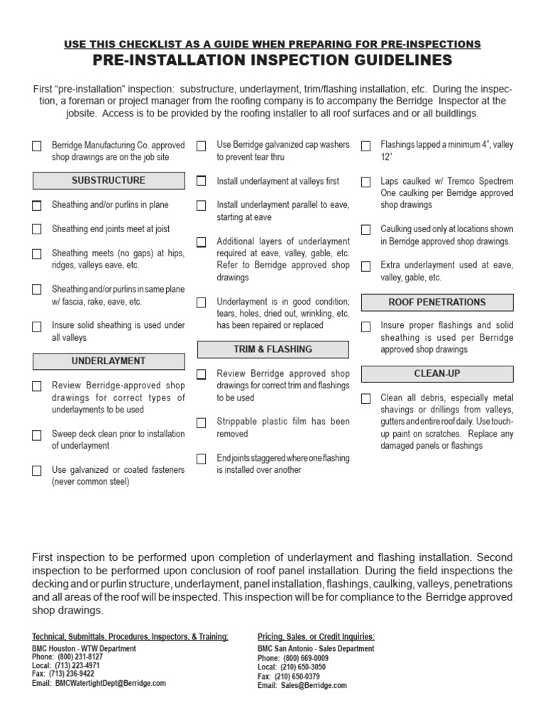 Berridge Pre Installation Inspection Guidelines Checklist | PDF ...
