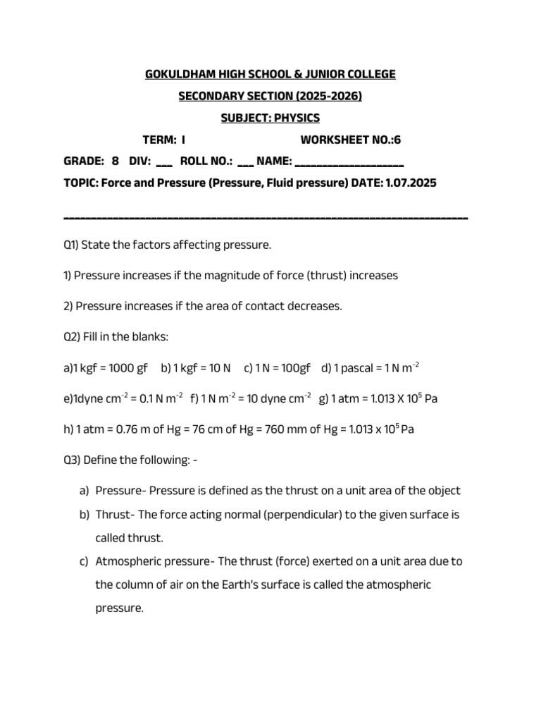 WS 6 Chapter 3 Force and Pressure Prssure Liquid Pressure Atmospheric Pressure 25-26 Grade 8 ...
