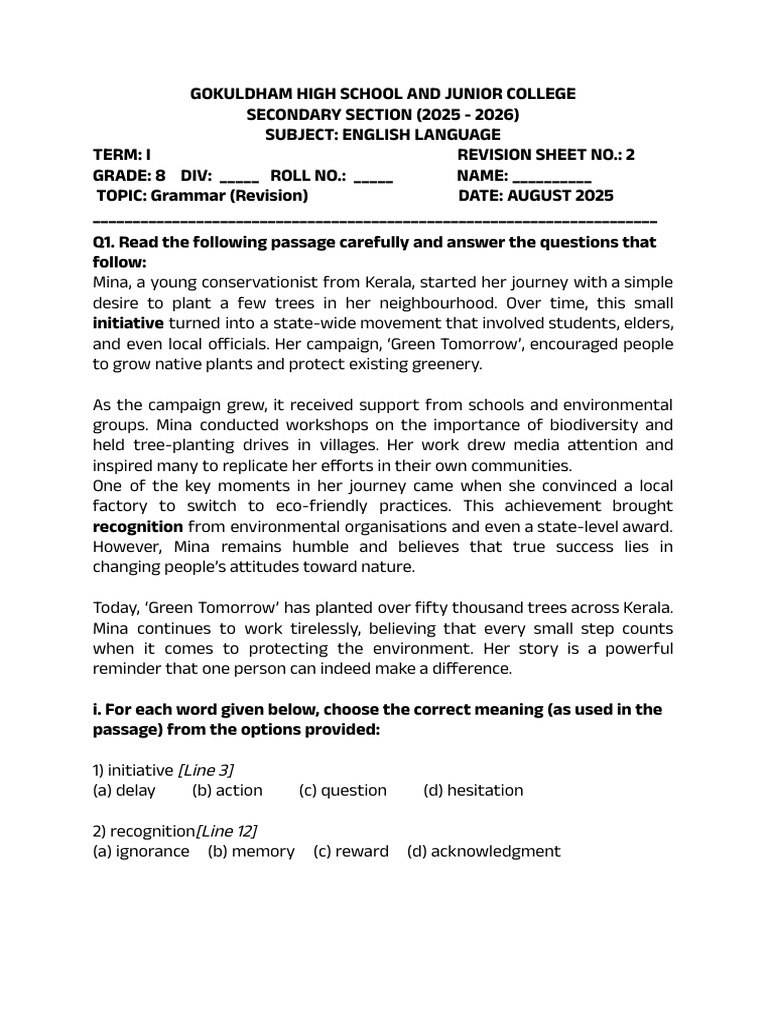 Grade 8 English Grammar Revision Sheet | PDF