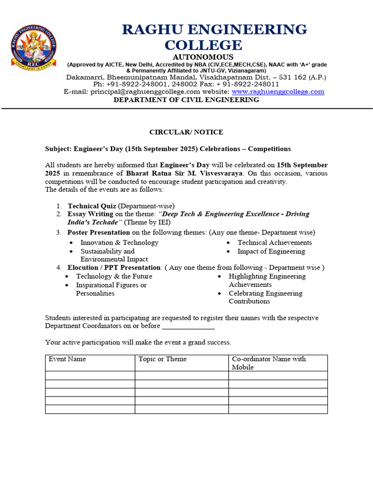 Engineer's Day Competitions 2025 at Raghu College | PDF | Internet Of ...