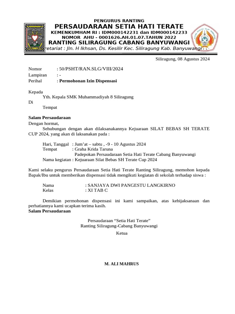 Surat Dispensasi Izin Tidak Mengikuti Kegiatan Sekolah_Sanjaya | PDF