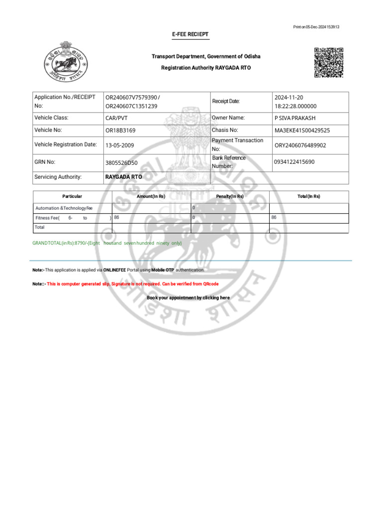 Vahan 4.0 E-Fee Receipt Overview | PDF | Receipt | Applications Of ...