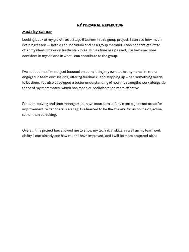 Made by Calister: My Personal Reflection | PDF