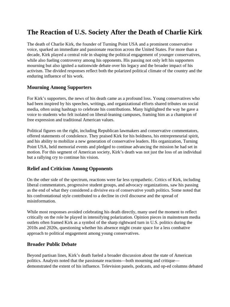 U.S. Reactions to Charlie Kirk's Death | PDF | Populism | Political Science