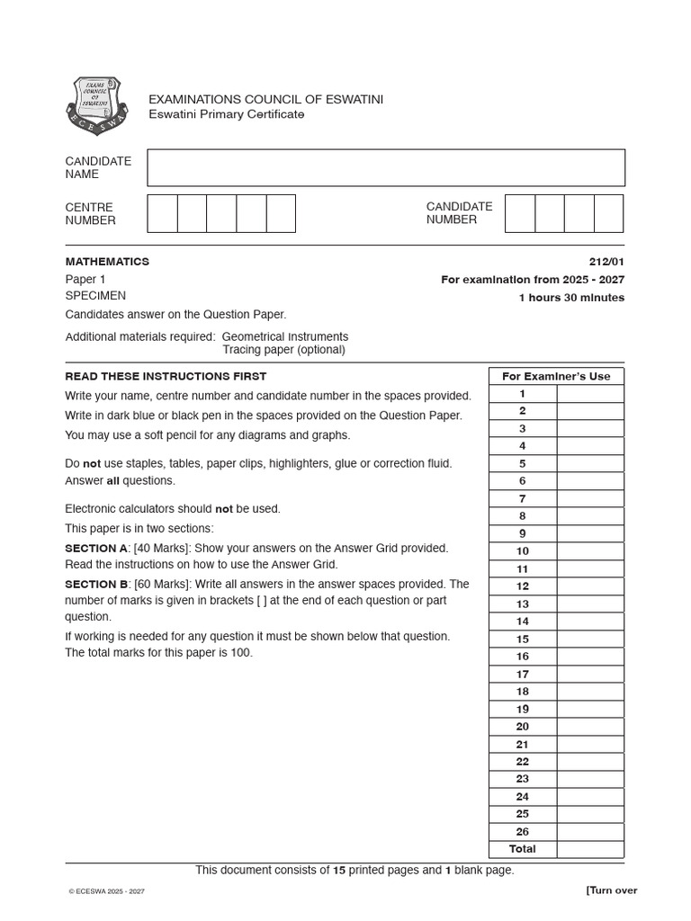 Mathematics Paper 1 Specimen 2025-2027 | PDF | Litre | Geometry