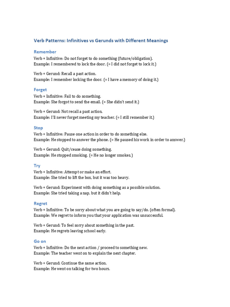 Infinitives vs Gerunds: Verb Patterns Explained | PDF | Grammar ...