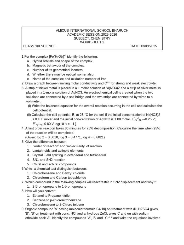 Chemistry Worksheet for Class XII Science | PDF | Coordination Complex ...