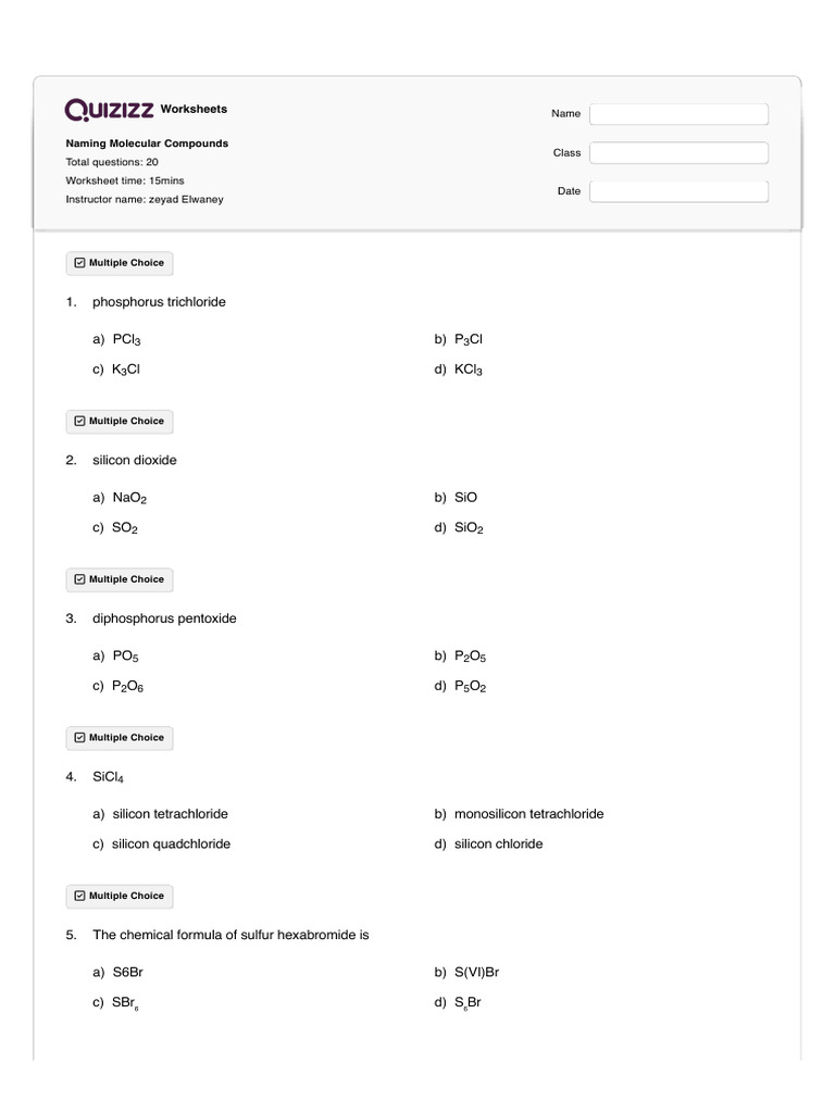 Naming Molecular Compounds - Quizizz | PDF | Oxide | Nitrogen