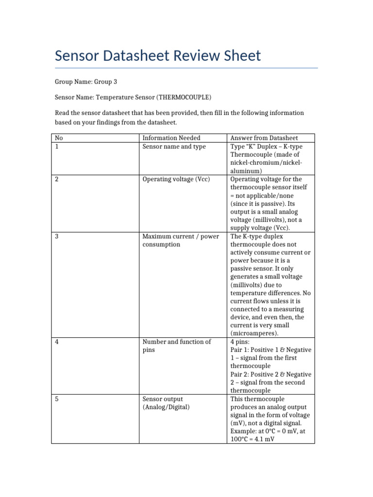 Sensor Datasheet Review Group3 | PDF | Thermocouple | Sensor