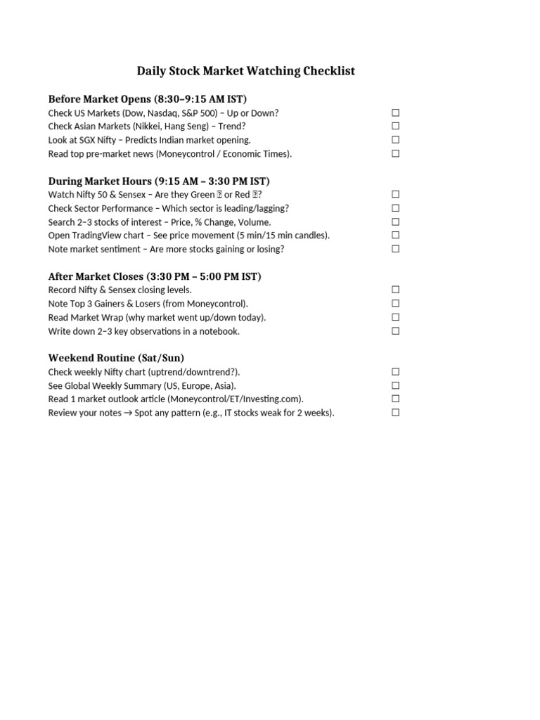 Daily Stock Market Checklist | PDF