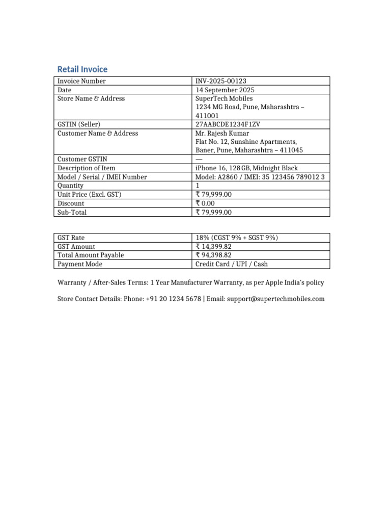 Retail Invoice for iPhone 16 Purchase | PDF