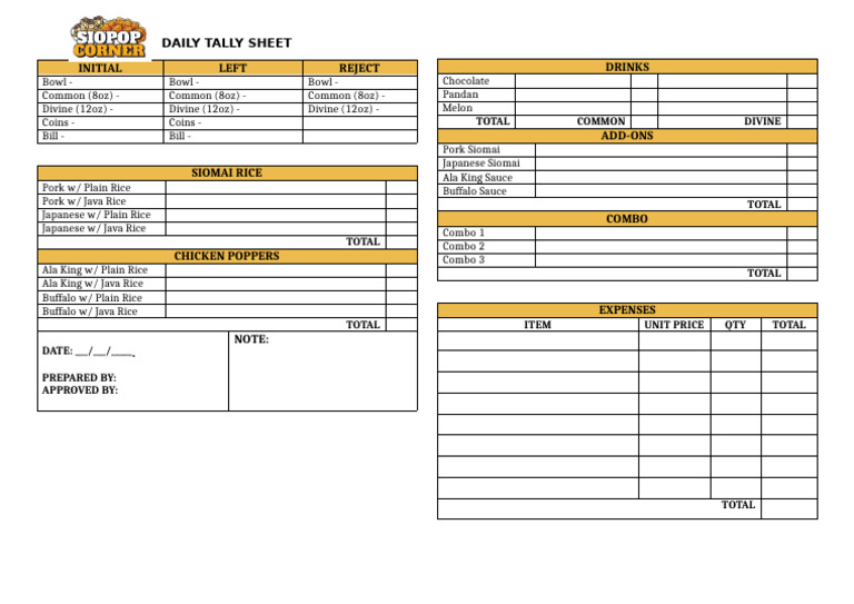Siopop Daily Tally Sheet | PDF