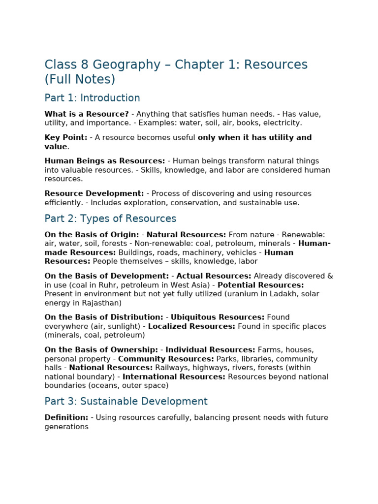Class8 Geography Resources Full | PDF | Resource | Earth Sciences