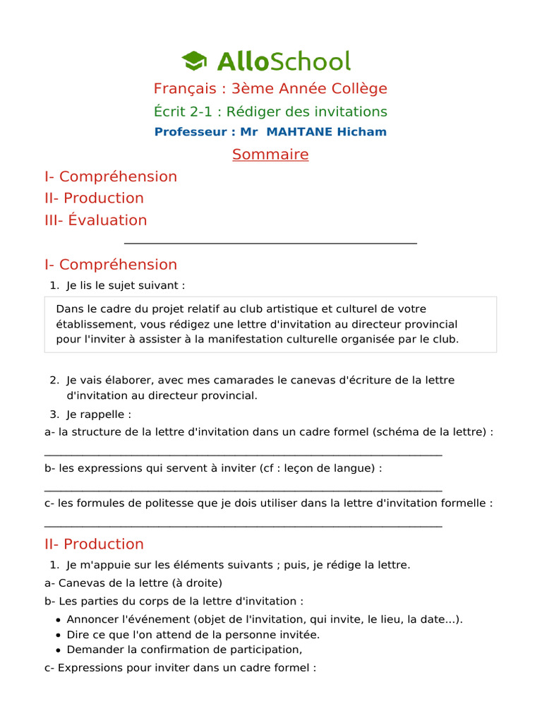 Rédaction d'invitations formelles collège | PDF