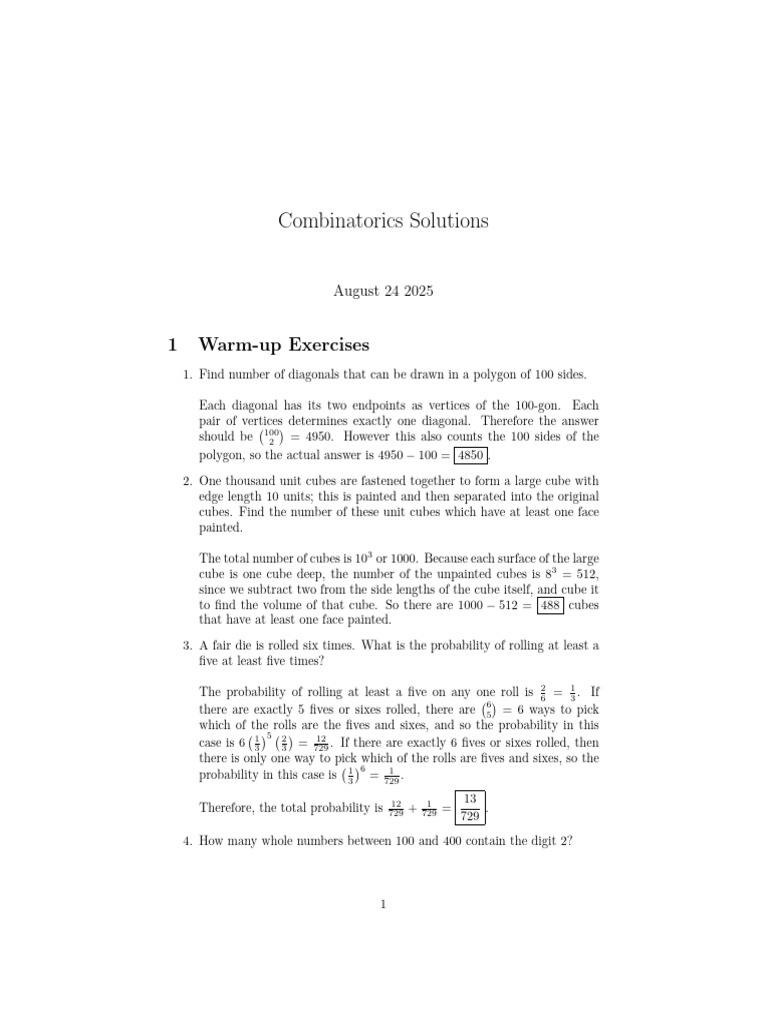 Combinatorics Solutions Handout 4821 5025 PDF | PDF | Mathematical Concepts | Number Theory