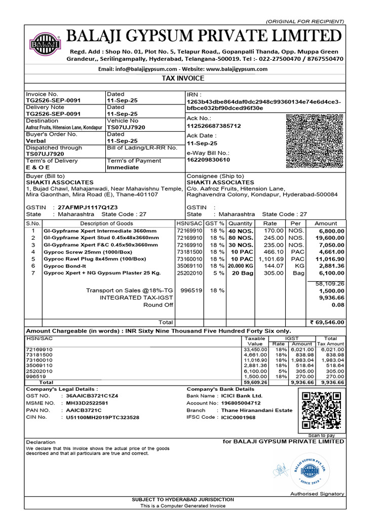 Balaji Gypsum Tax Invoice TG2526-SEP-0091 | PDF | Taxes | Payments