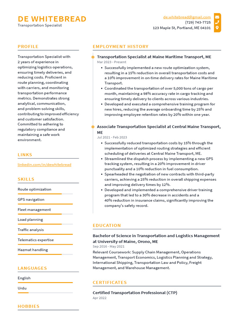 Transportation Specialist Resume Example | PDF | Transport | Logistics