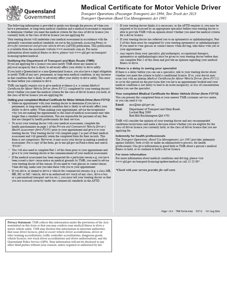 F3712 Medical Certificate Guide QLD | PDF | Driver's License | Vehicles