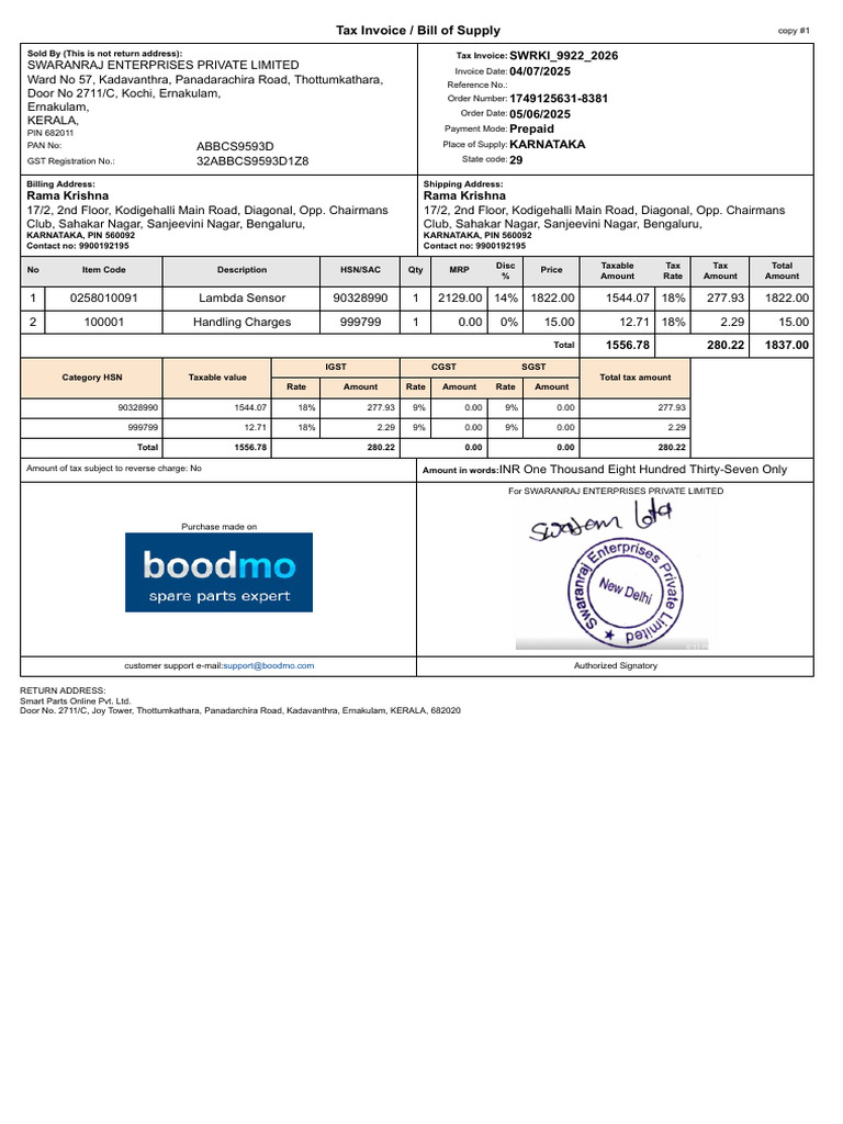 Boodmo Invoice SWRKI 9922 2026 | PDF | Government | Public Finance