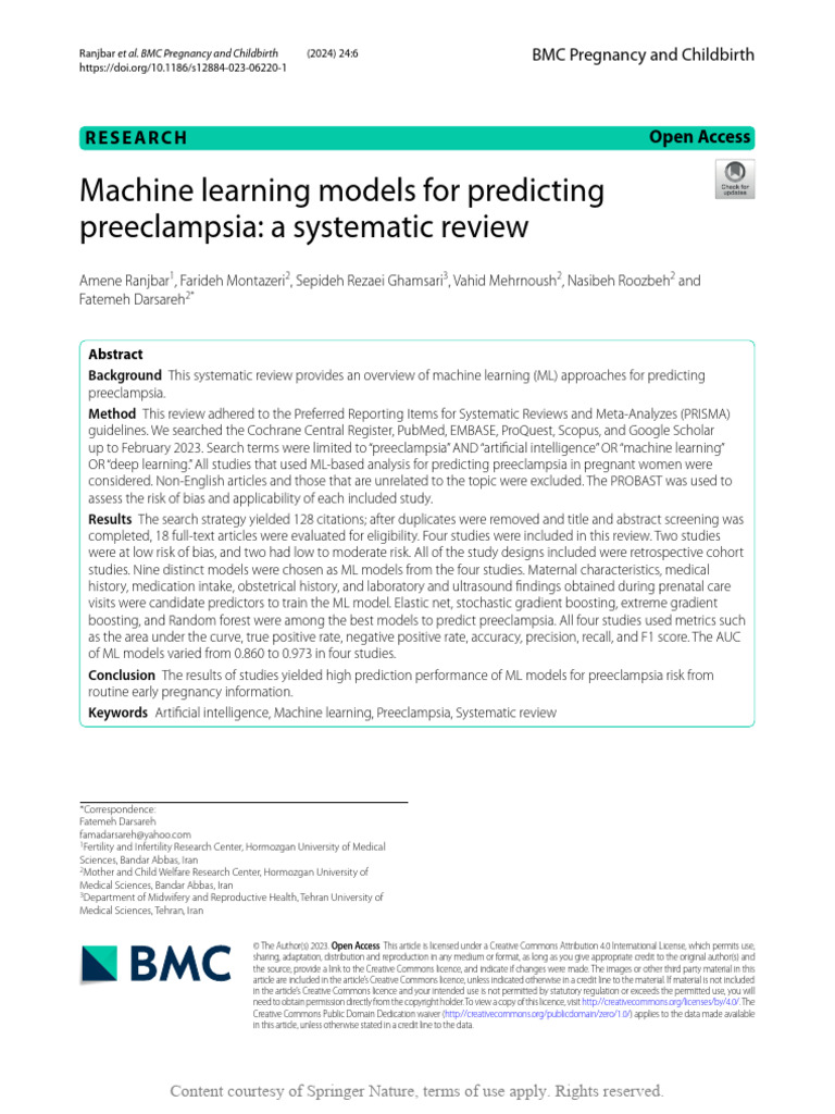 Machine Learning Models For Predicting Preeclampsi | PDF | Systematic ...