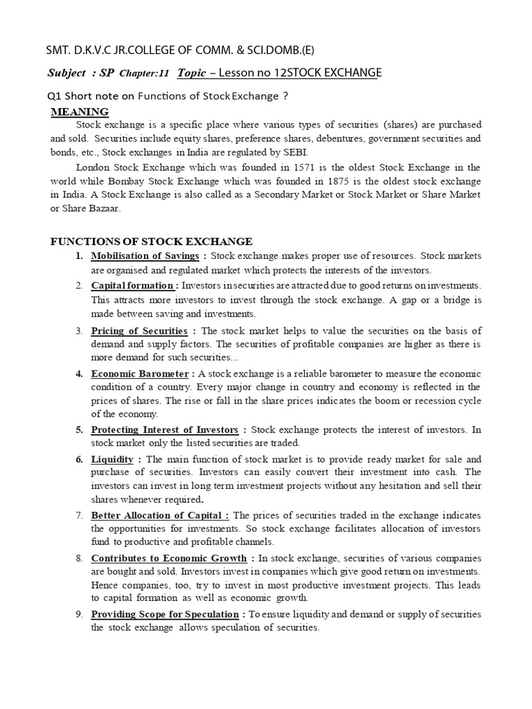 Functions and Features of Stock Exchange | PDF | Securities (Finance ...