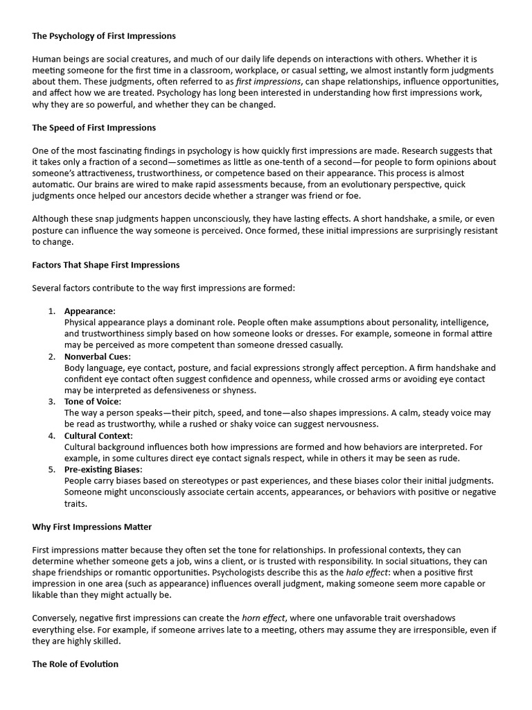 Understanding First Impressions Psychology | PDF | Body Language | Bias