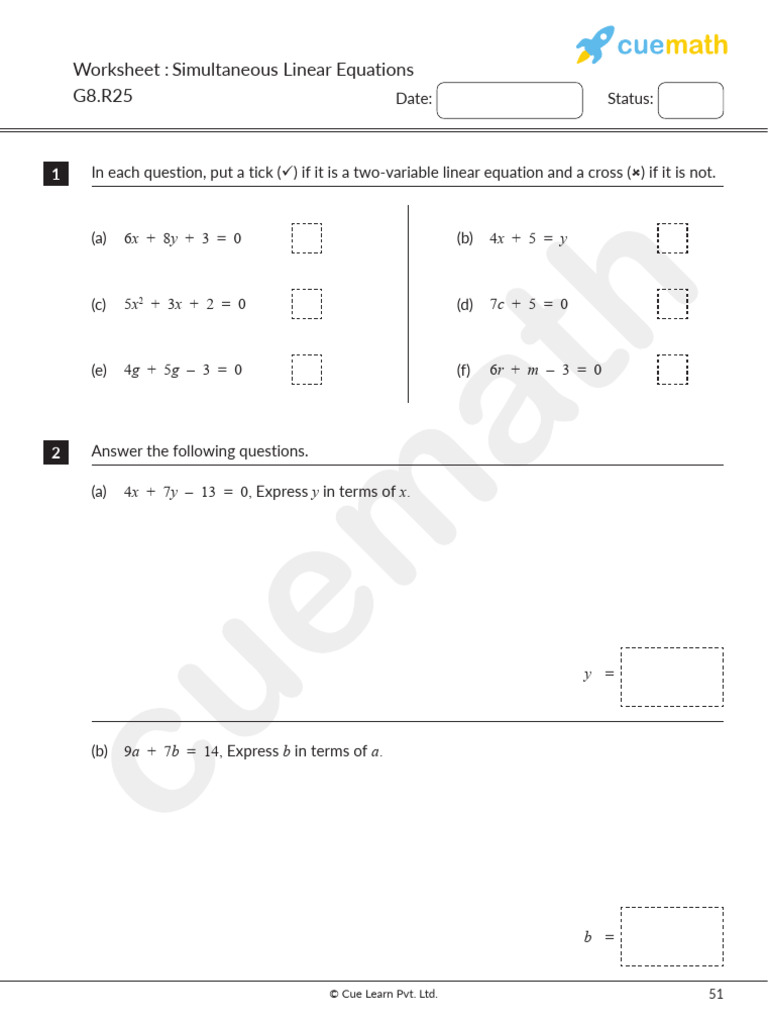 Class 8 Linear Equations Worksheet | PDF