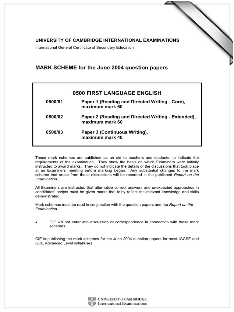 Cambridge IGCSE English Mark Scheme 2004 | PDF