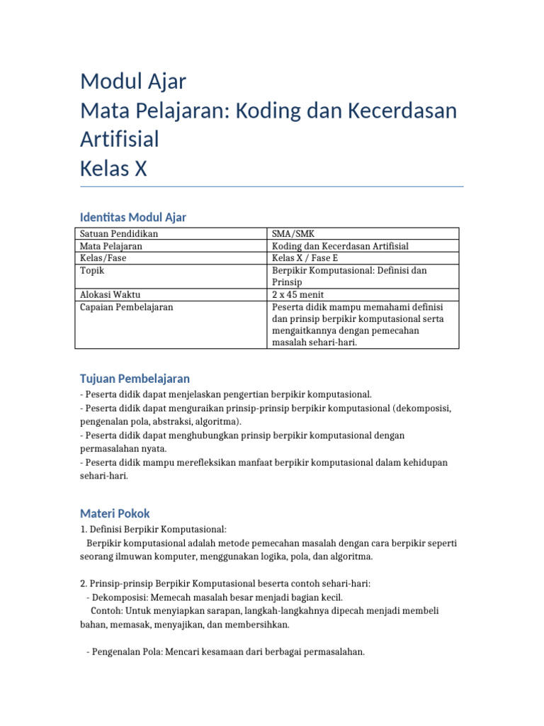 Modul Ajar Koding AI KelasX Dengan Contoh | PDF