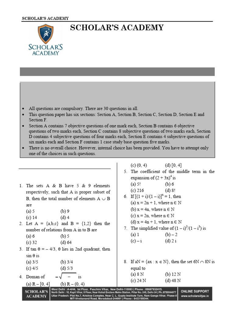Class XI Maths Half Yearly Test 07 | PDF | Mathematics | Mathematical ...