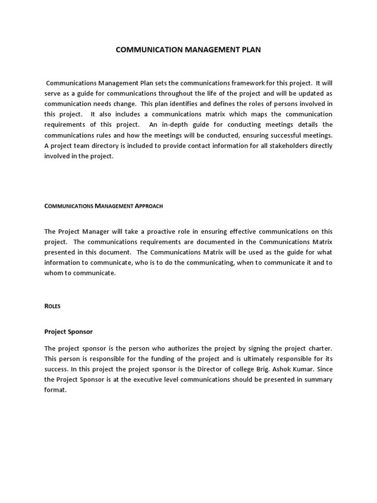 Communications Management Plan | PDF | Project Manager | Project Management