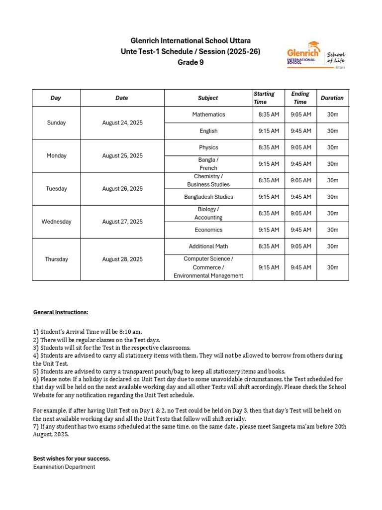 Grade 9 Unit Test 1 Schedule 2025-26 | PDF