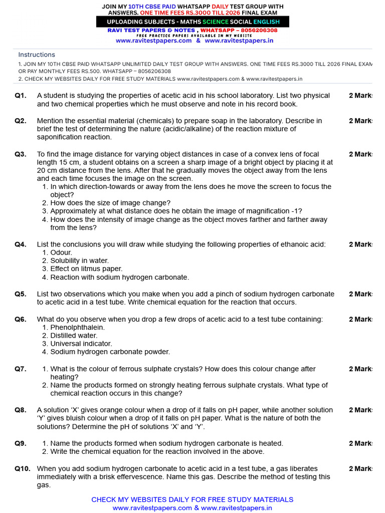 10TH CBSE Acids Bases And Salts 2 MARKS | PDF | Acid | Ph
