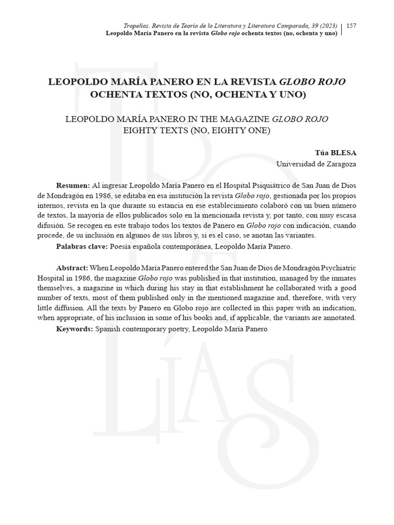 Leopoldo Maria Panero en La Revista Globo Rojo Och | PDF | Psicoanálisis