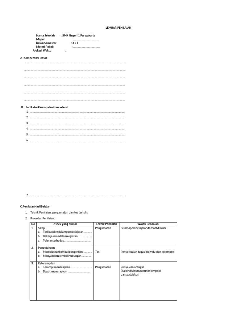 Lembar Rubrik Nilai Sikap X TKR 1 | PDF