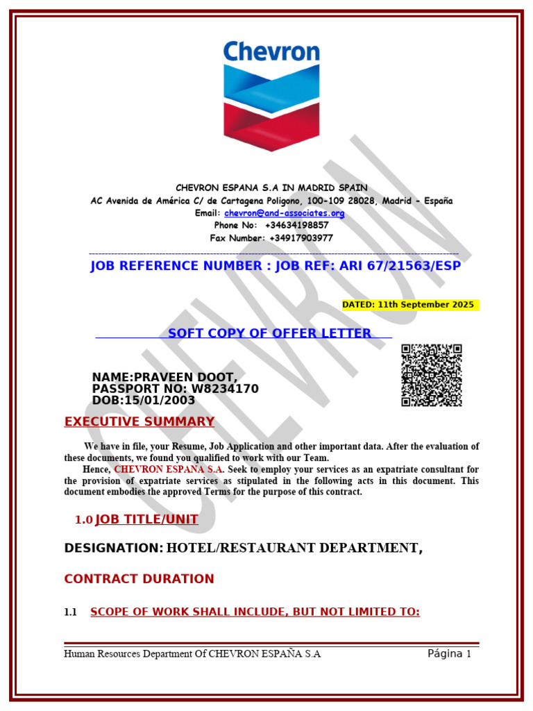 Pravin Spain Offer Letter | PDF | Employment | Expense