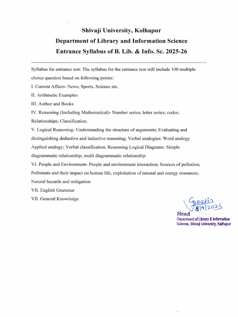 Shivaji University B.Lib Entrance Syllabus 2025-26 | PDF