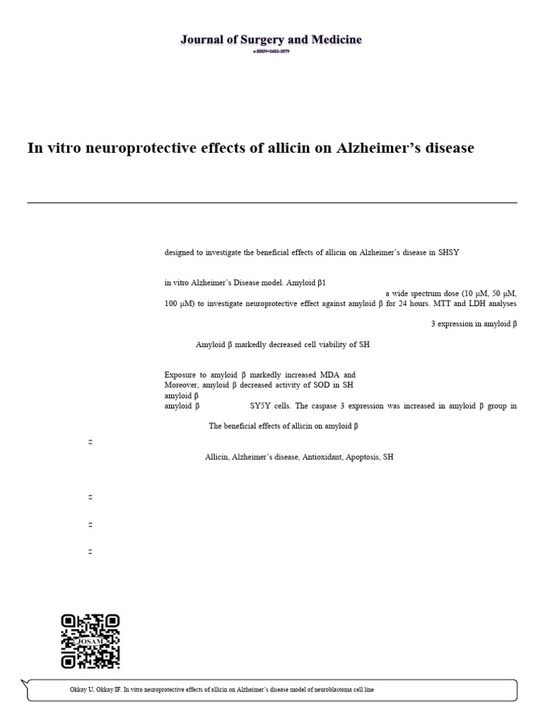 In Vitro Neuroprotective Effects of Allicin On Alzheimer's Disease ...