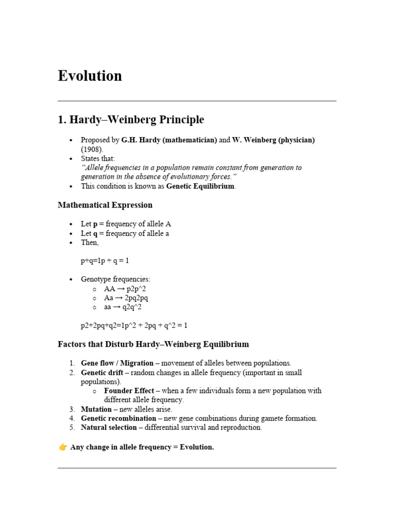 Evolution-Hardey Weinberg Principle, Origin and Evolution of Man | PDF ...