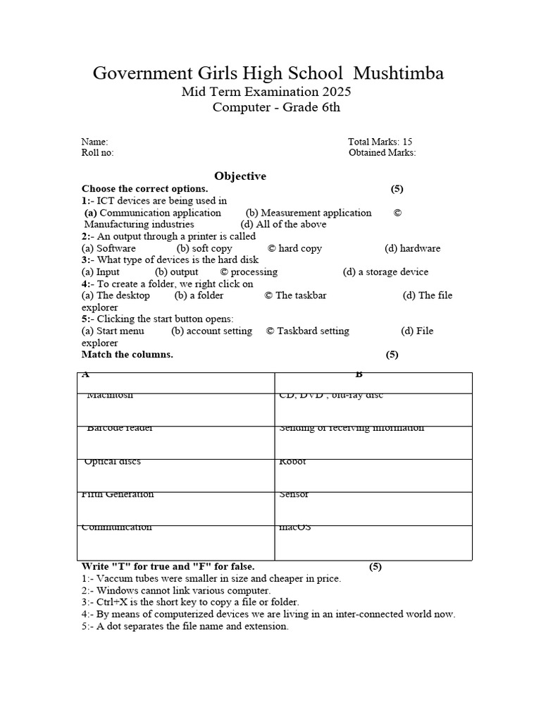Class 6th Computer Midterm 2025 | PDF | Computer Data Storage ...