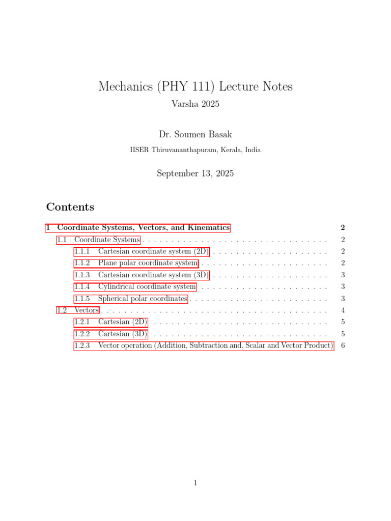 Mechanics Lecture Notes: Vectors & Coordinates | PDF | Coordinate ...