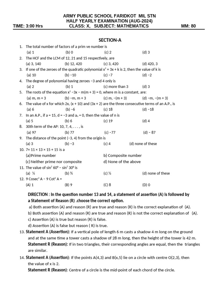 X Maths Half Yearly Aug-24 | PDF | Trigonometric Functions | Elementary ...