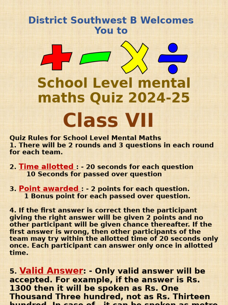 Class 7 Mental Maths Quiz 2024-25 | PDF | Numbers | Number Theory