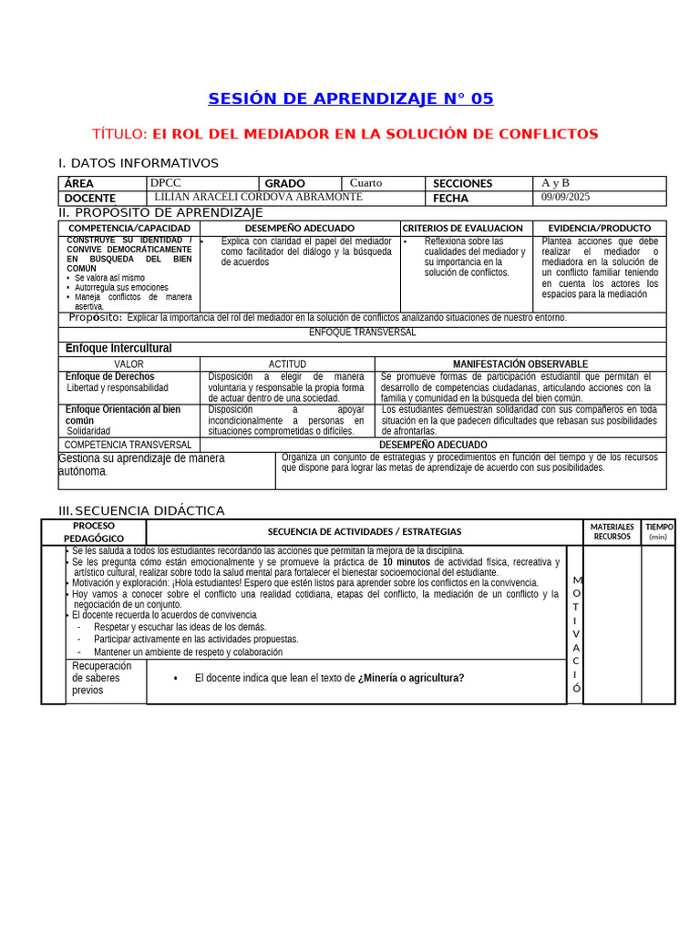 Unidad 5 - Sesión 5 - Sem 5 - DPCC 4° | PDF | Mediación | Aprendizaje