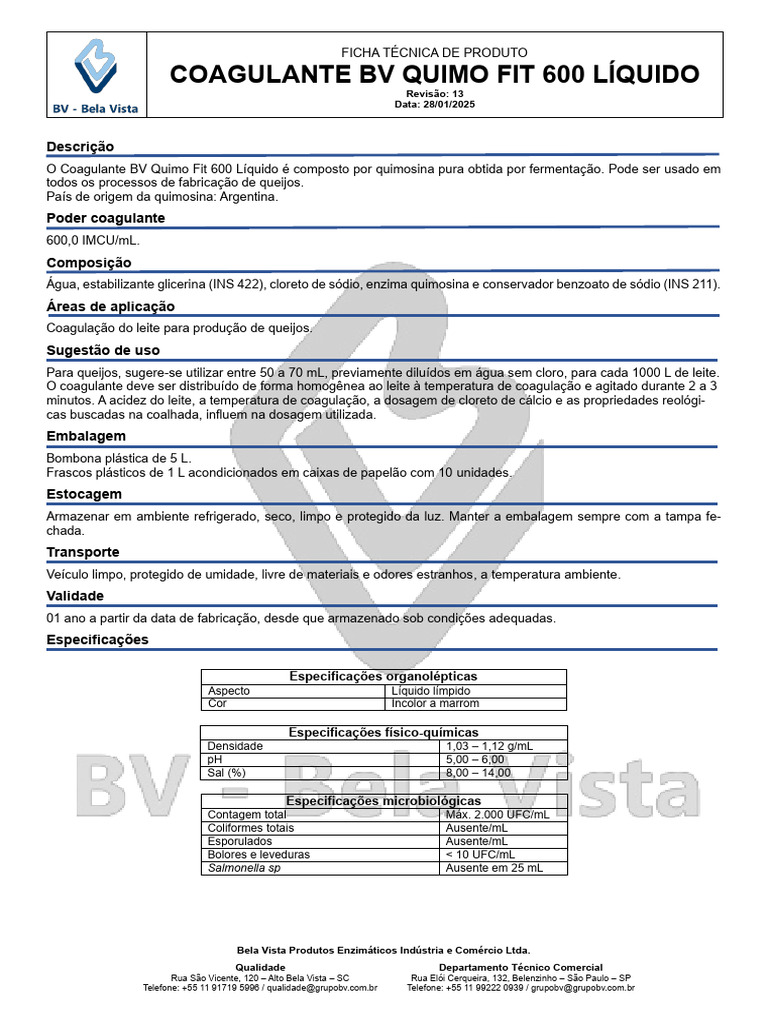 FT Coagulante BV Quimo Fit 600 Líquido | PDF | Queijo | Leite