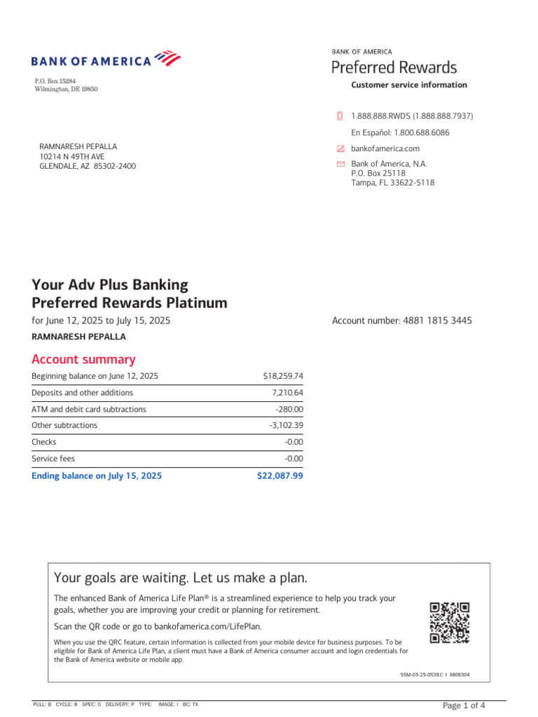 Bank of America Account Statement Summary | PDF | Banks | Deposit Account