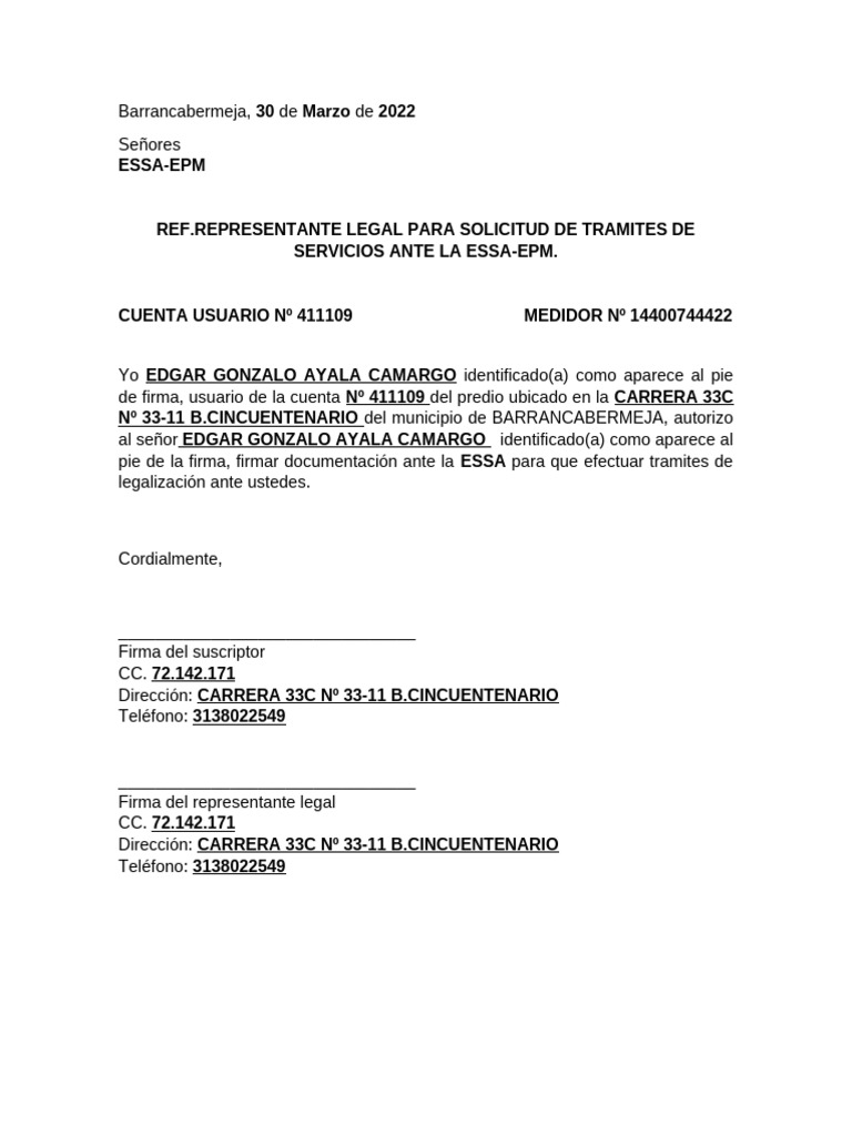 Representante Legal para Solicitud de Tramites de Servicios Ante La ...