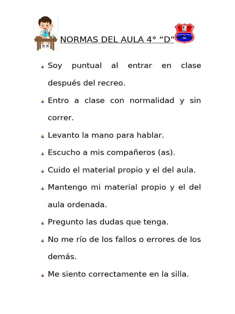Normas de Comportamiento Aula 4° "D" | PDF